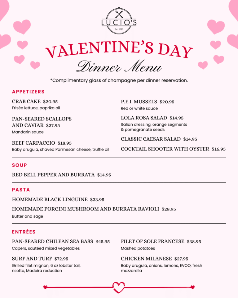 Valentine's Day Menu - Lucio’s Restaurant